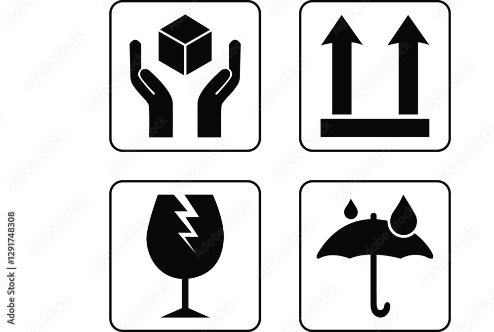 Fragile package icons set, handle with care logistics and delivery shipping labels. Fragile box ...