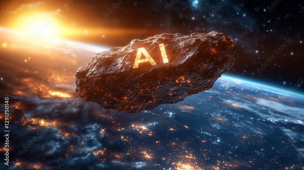 Asteroid print the alphabet "AI", heading toward Earth. Fusion of ...