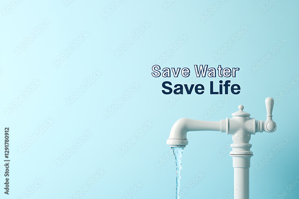 A white faucet on a blue background, water trickling out, with the text ...