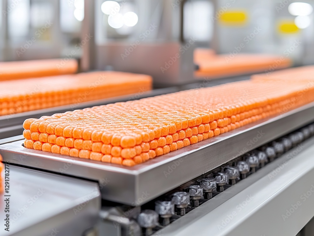 Manufacturing process of colorful candy on conveyor belt factory ...