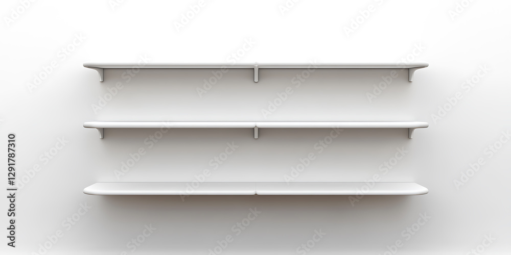 Three empty white shelves are mounted on a plain white wall. The ...