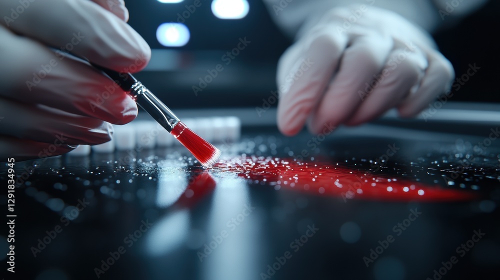 Forensic scientist using brush to analyze evidence in crime scene ...