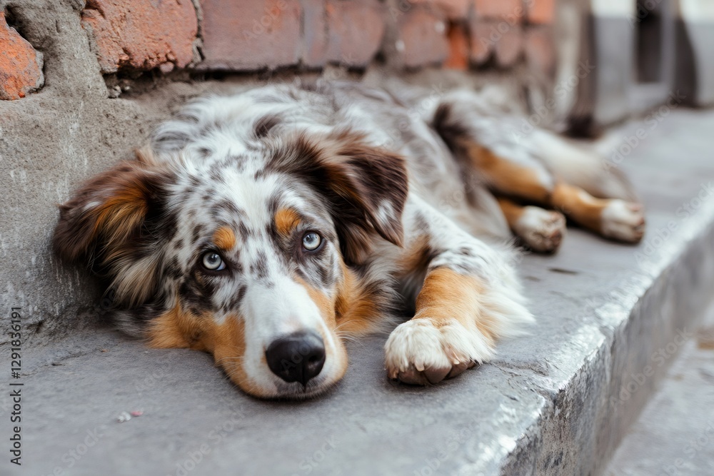 Australian shepherd with striking blue eyes and merle coat lying on a ...
