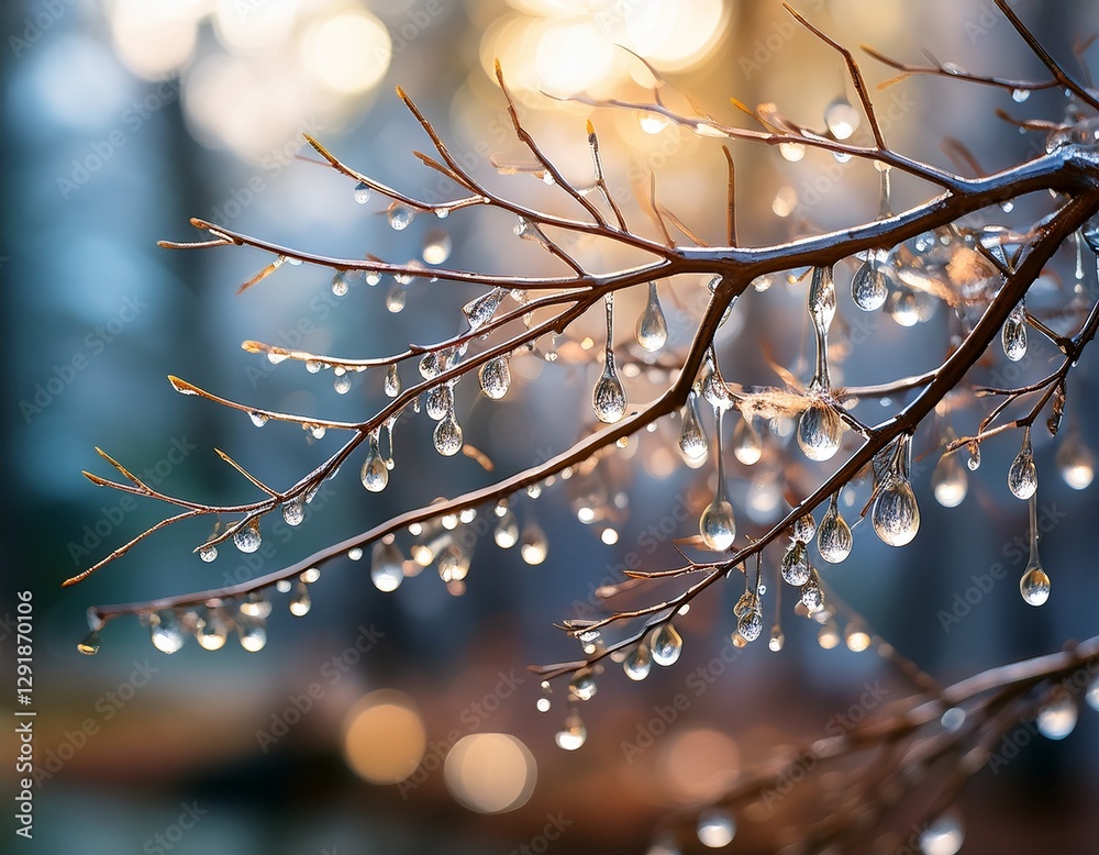 A detailed close-up of raindrops clinging to the bare branches of trees ...
