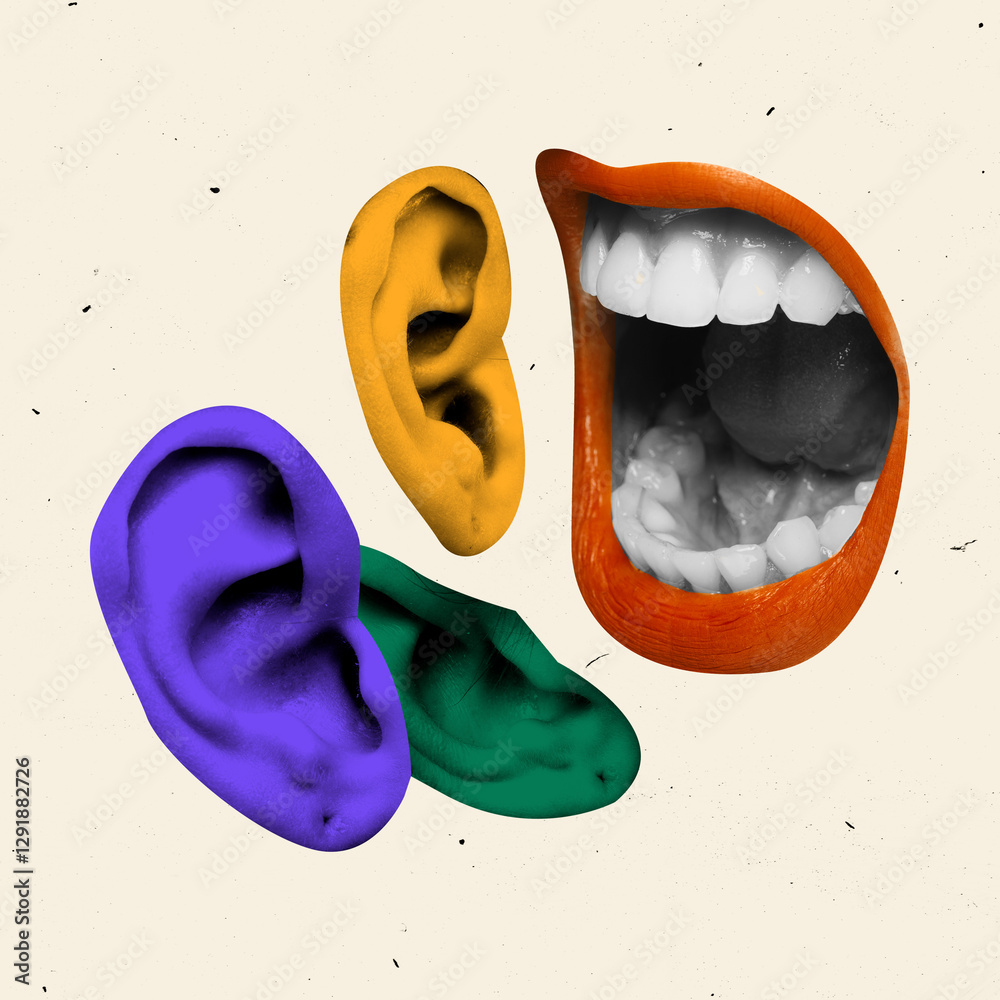 Contemporary art design. Mouth with bright lips speaking to colorful ...