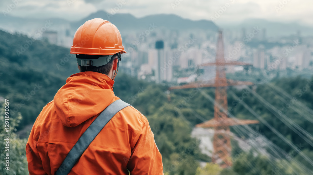 Electrical engineer in orange safety gear checking high-voltage power lines from forested ...