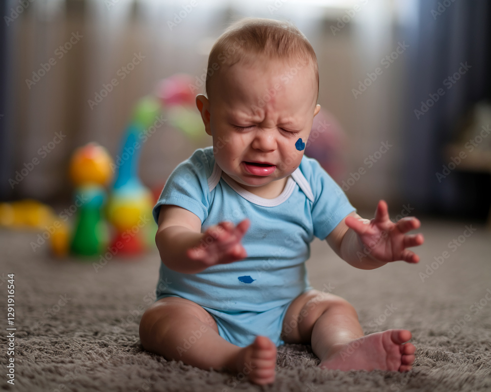 A crying baby sitting on the floor with a blue mark on its face ...