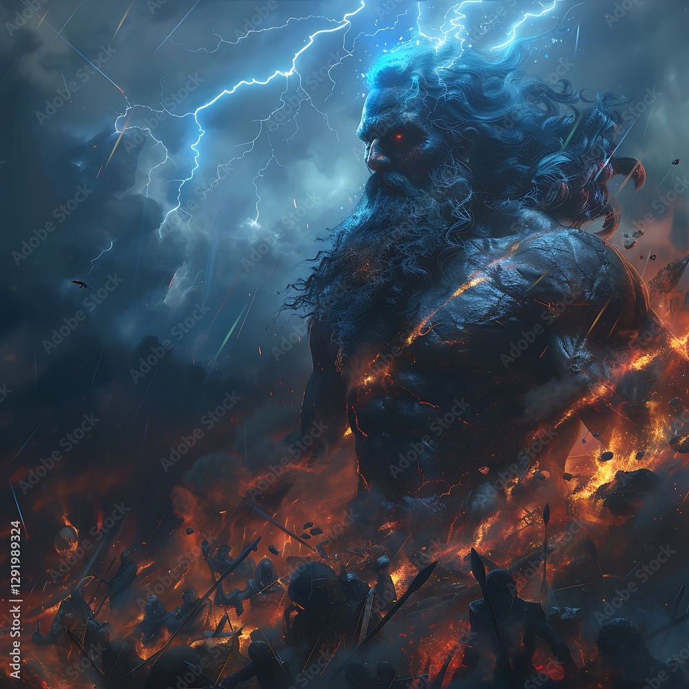 "Zeus, the king of gods, stands atop a shattered battlefield on Mount ...