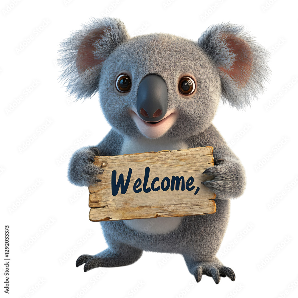 Friendly 3D Cartoon Koala Holding Welcome Sign Isolated on Transparent ...