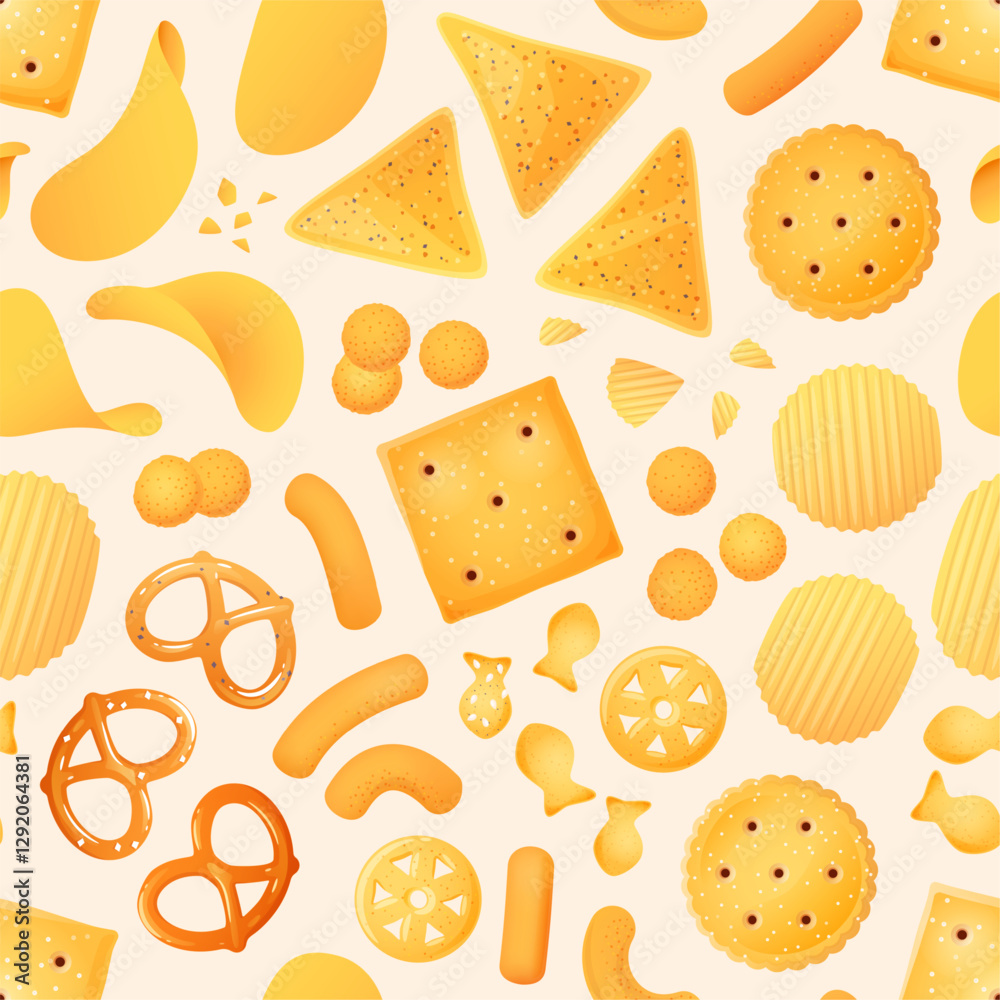 Cartoon salty snacks seamless pattern. Crispy chips, nachos, pretzels ...