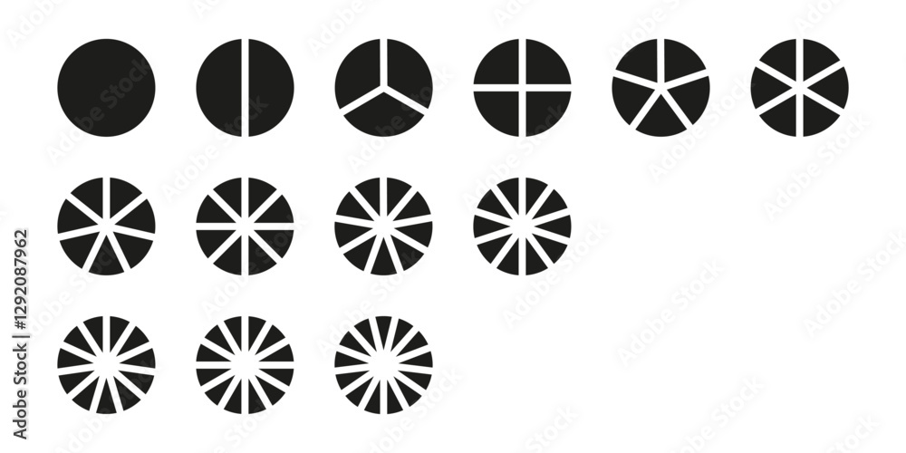 Circle division on from 1 to 13 equal parts collection. Infographic minimalist icons set ...