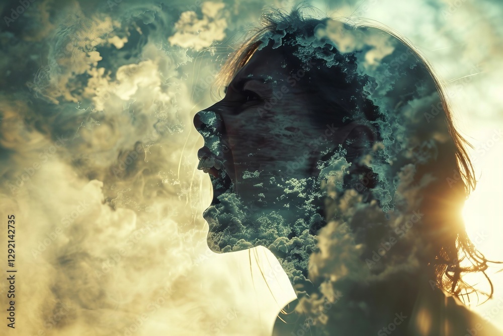 double exposure photo of a horror anxiety woman shouting in a dark ...