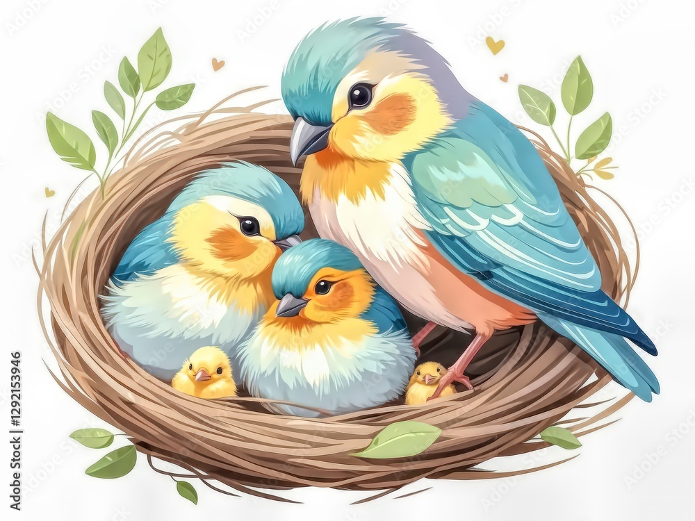 Mother bird with baby chicks in nest. Cute family and nature ...