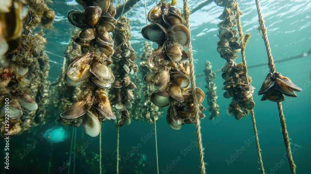 Clusters of mussels dangle from underwater suspended ropes, showcasing ...