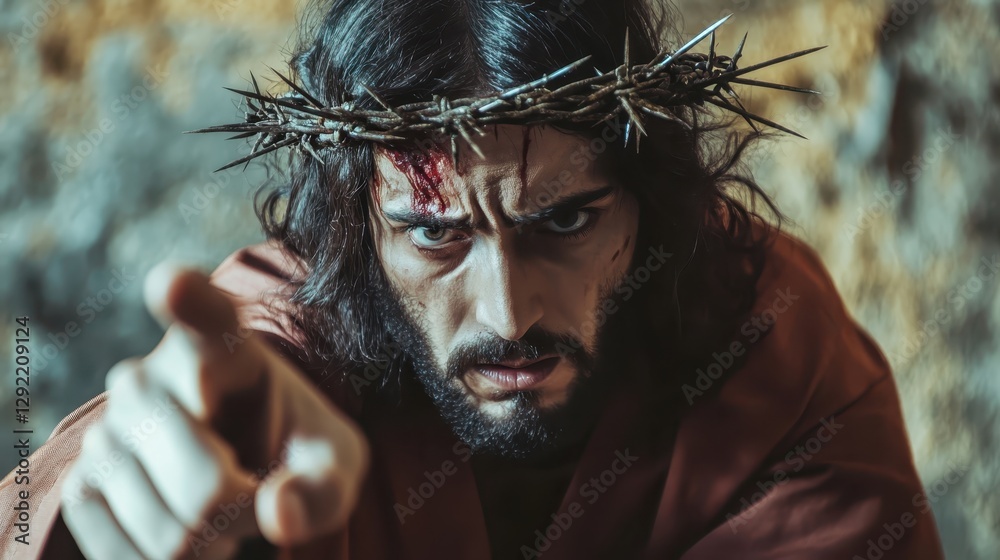 Jesus Christ wearing crown of thorn pointing at camera with angry eyes ...