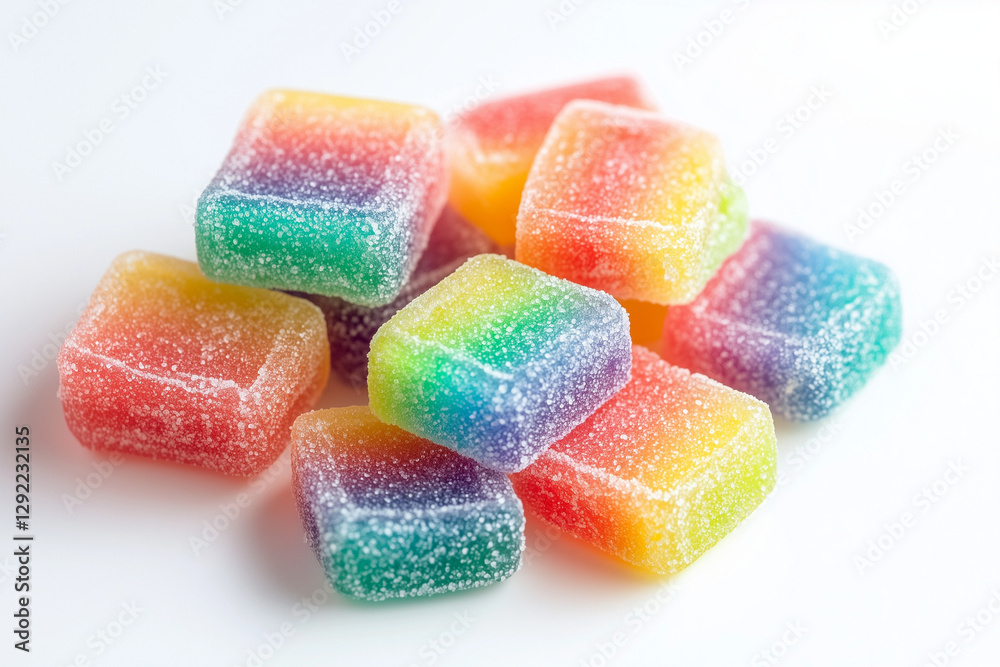 Medical cannabis CBD-infused rainbow gummy candy edibles on a white ...