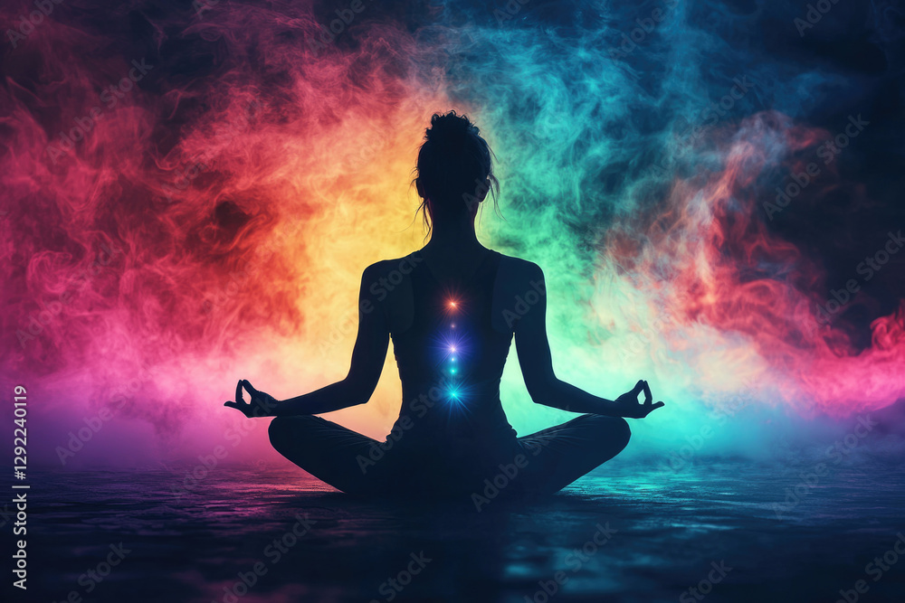 Silhouette of a woman meditating in a colorful smoky background ...