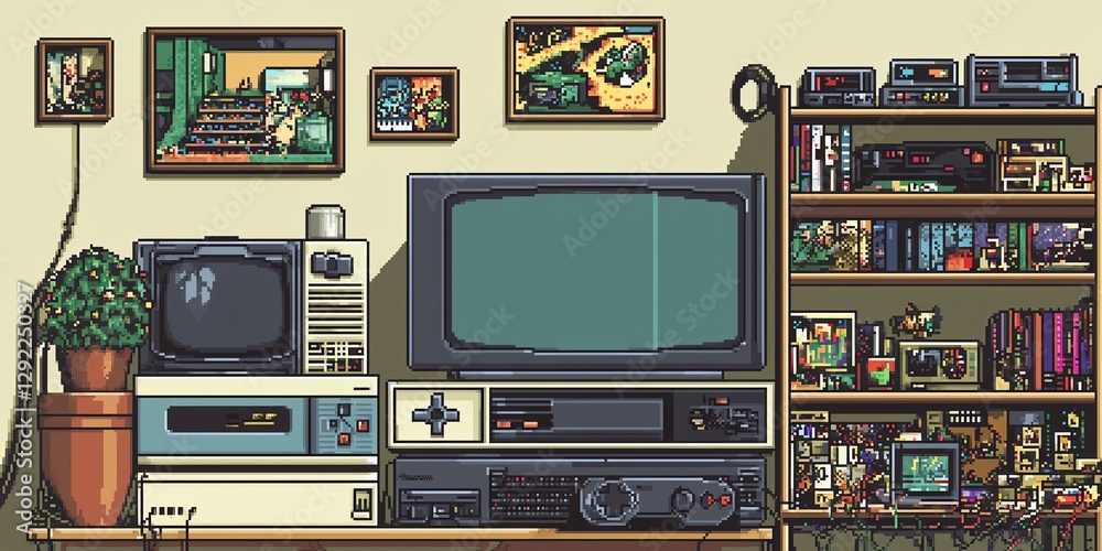 Pixel art vintage game console collection, retro controllers, 90s aesthetic, room setup Stock ...