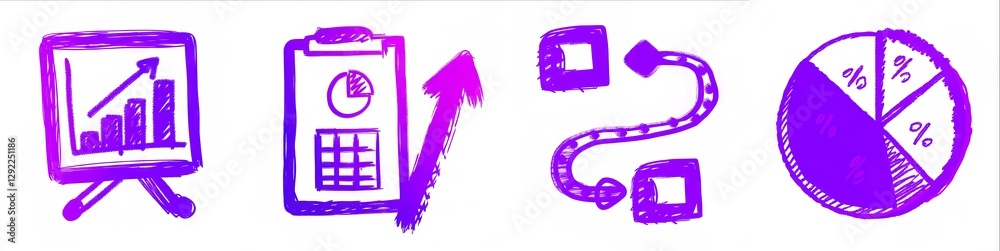 Creative minimalist doodle of KPI, pie chart, product roadmap and trend ...