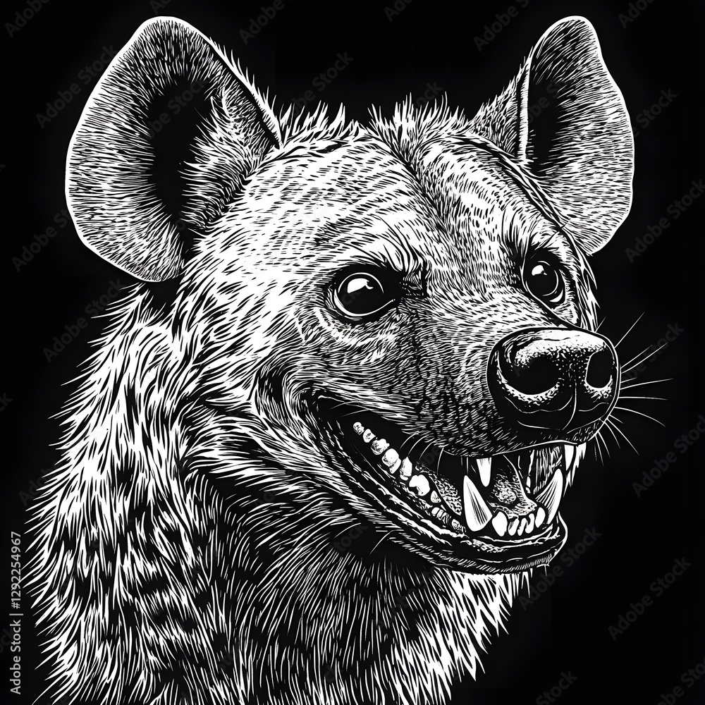 Laughing hyena with a mischievous grin, depicted in an engraved ...