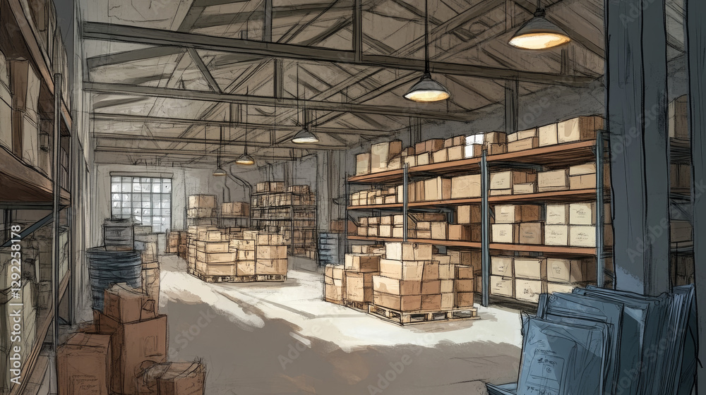 Warehouse interior with boxes on shelves. Vector cartoon illustration ...