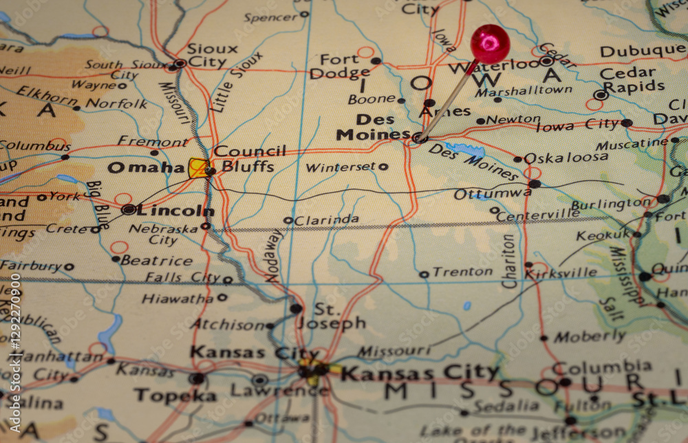 Colorful tourist raod map Des Moines, Iowa, US, U.S.A, United State ...