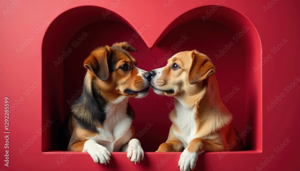Two dogs of different breeds sharing a kiss in a heart-shaped booth ...