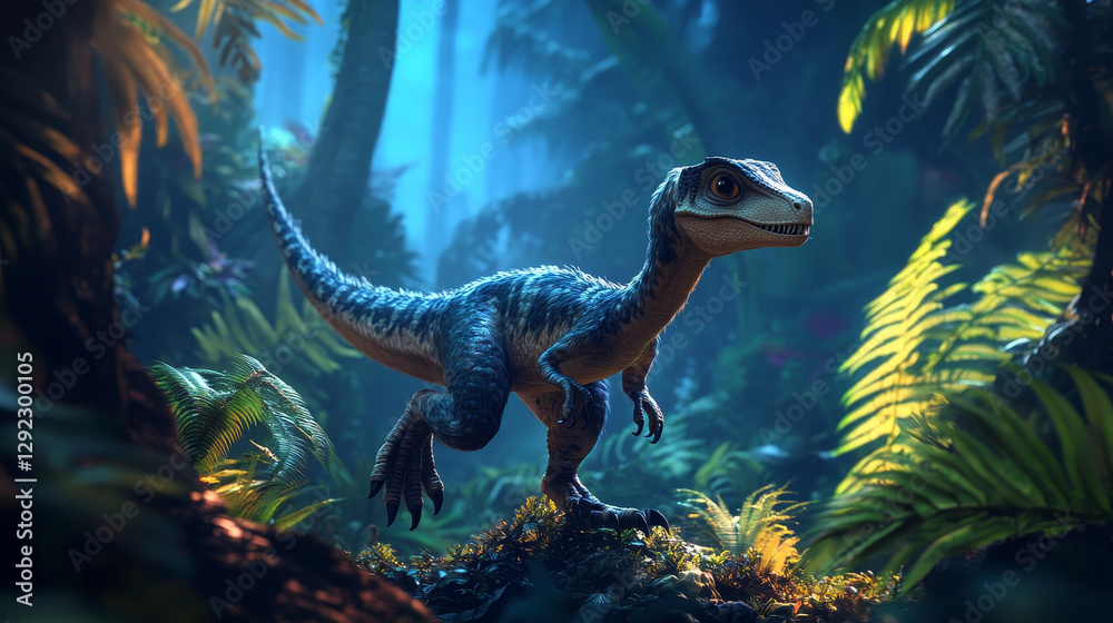 Cute baby velociraptor in jungle at night. Dinosaur character in ...