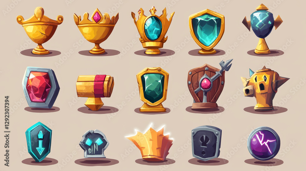 Ilustración de Stock Golden goblet trophy of various forms for game ui ...