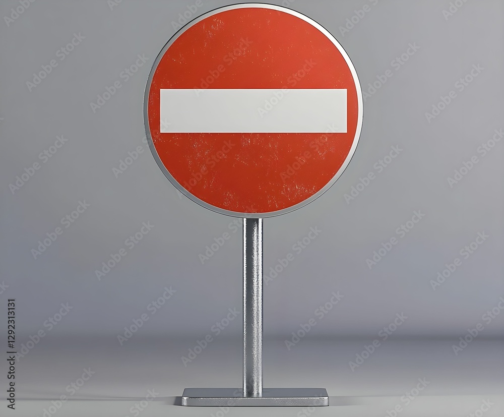 Red no entry sign standing upright on a simple gray background indoors ...