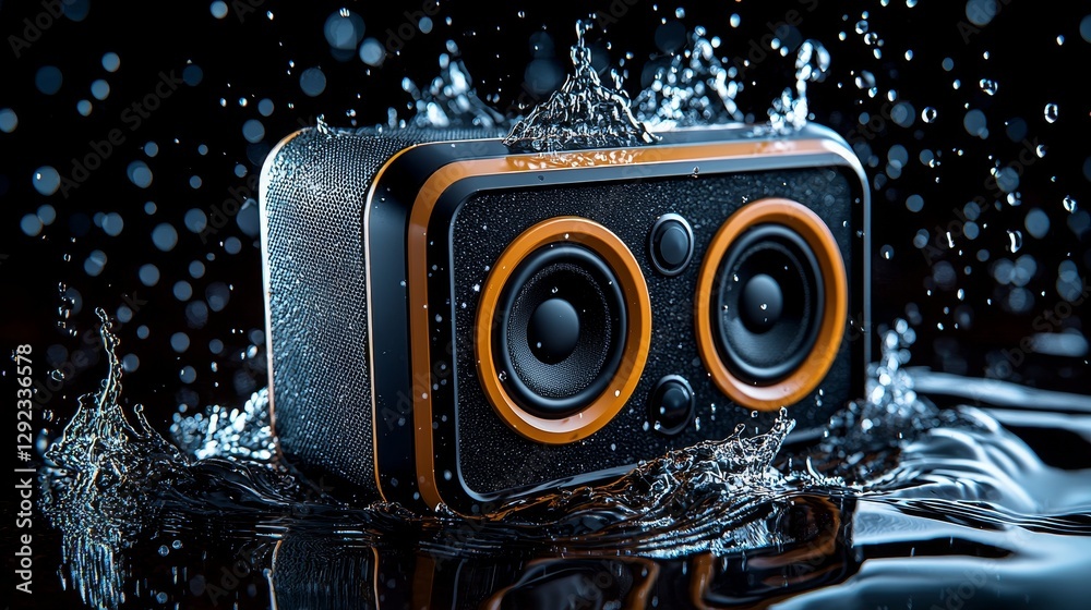 Rugged speaker in outdoor rain party, augmented reality panels showcase ...