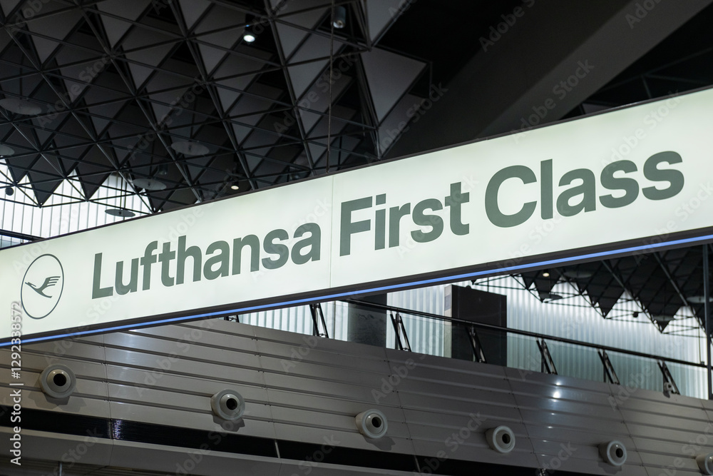 Lufthansa First Class sign in airport terminal, guiding premium ...