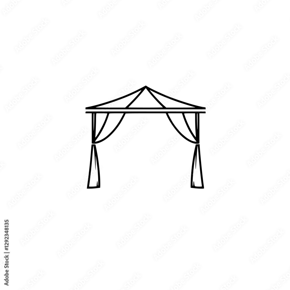 Minimalist line drawing of a gazebo with curtains, isolated on white ...