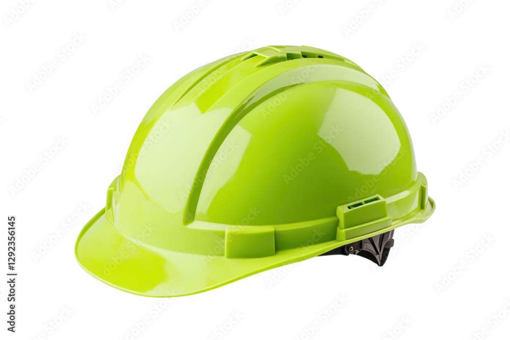 Bright green safety helmet designed for construction workers, featuring ...