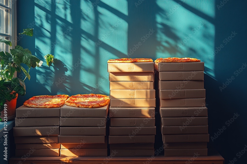 stacked pizza boxes hyper-realistic rendering still life cardboard ...