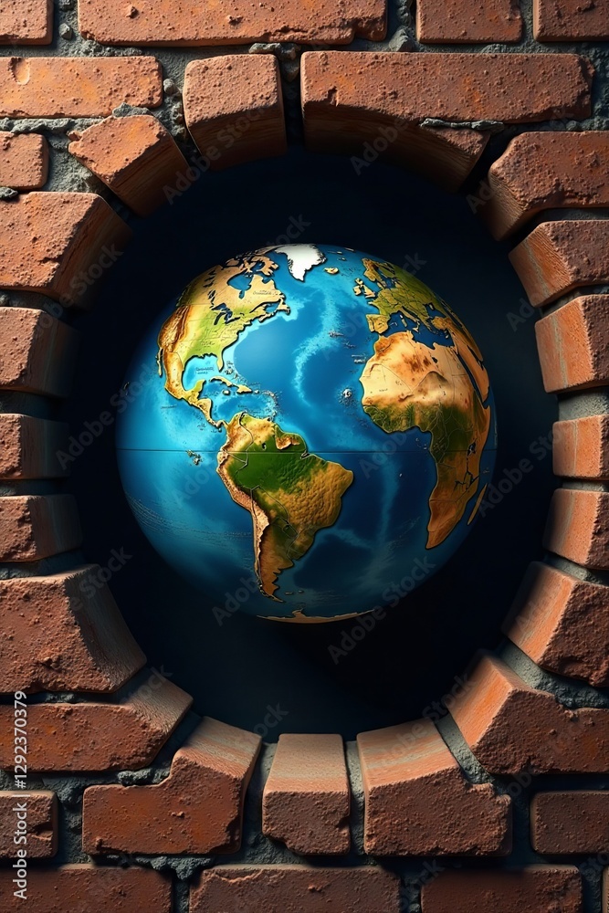 Cracked brick walls framing a spinning terrestrial globe , building ...
