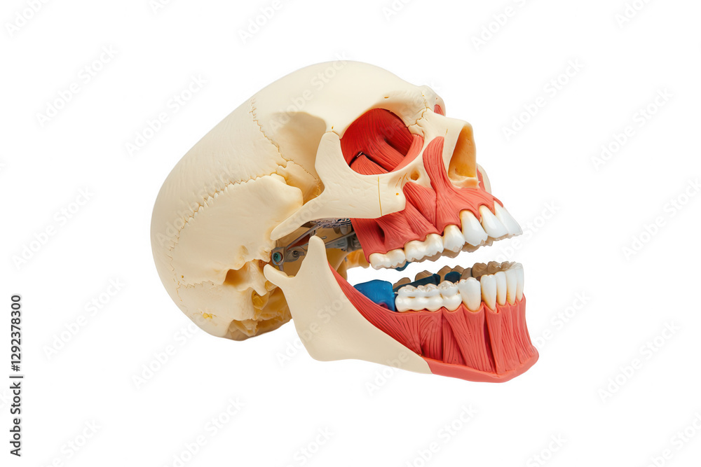 Detailed anatomical model of human skull showcasing jaw muscles and ...