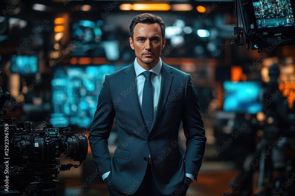 Professional news anchor in a modern studio setting capturing the ...
