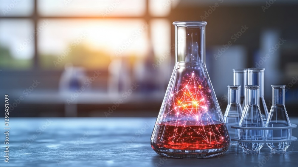 Laboratory flask filled with red liquid alongside colorful digital flow ...