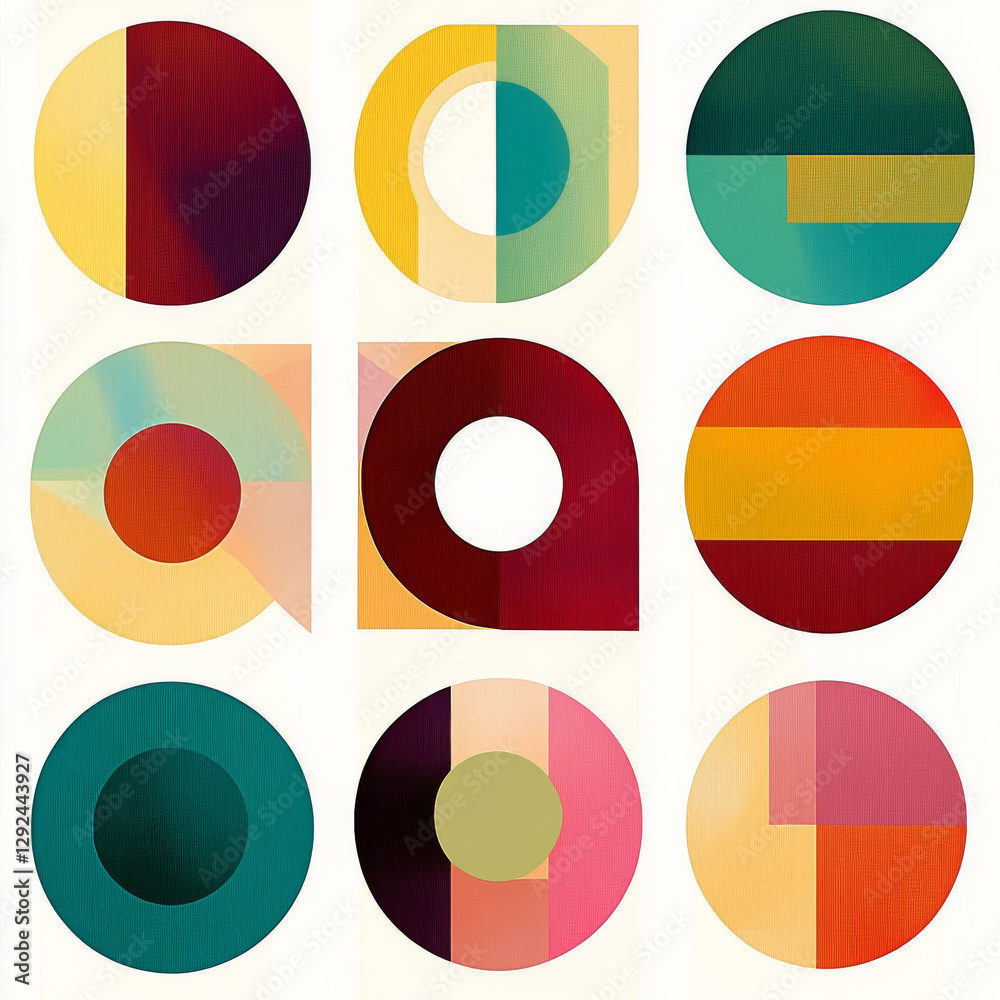 Geometric abstract art featuring colorful circular shapes and patterns. composition includes ...