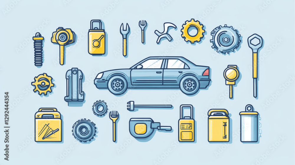 Car service doodle icons, vector signs spark plug, accumulator, hand ...