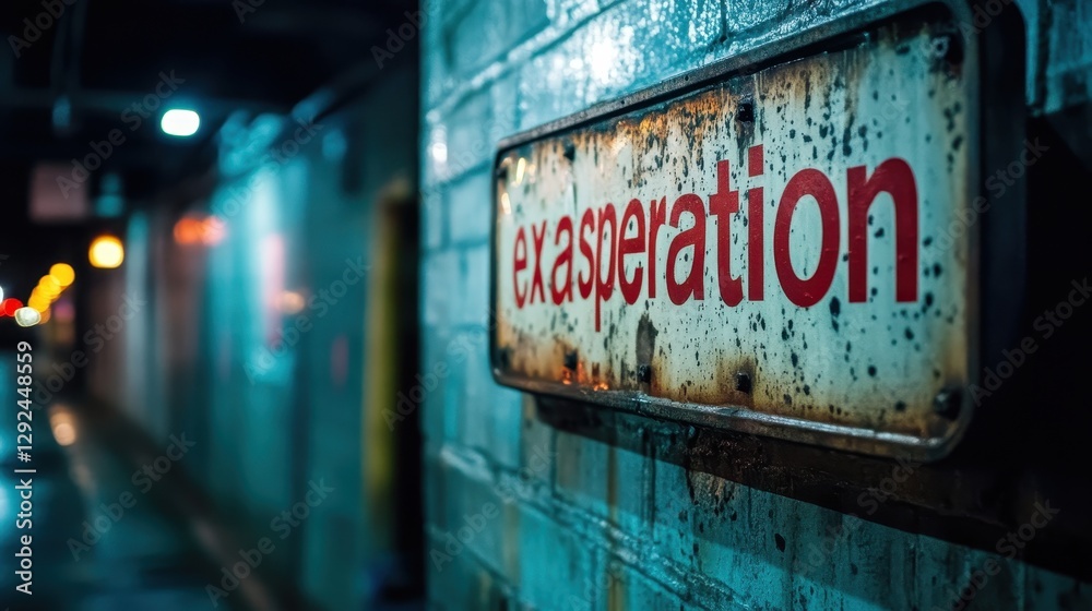 Rustic street sign displaying the word "exasperation" on a dimly lit ...
