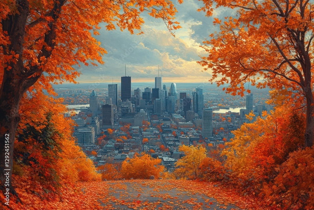 Montreal City Skyline in Autumn Colors with Fall Foliage Overlooking ...