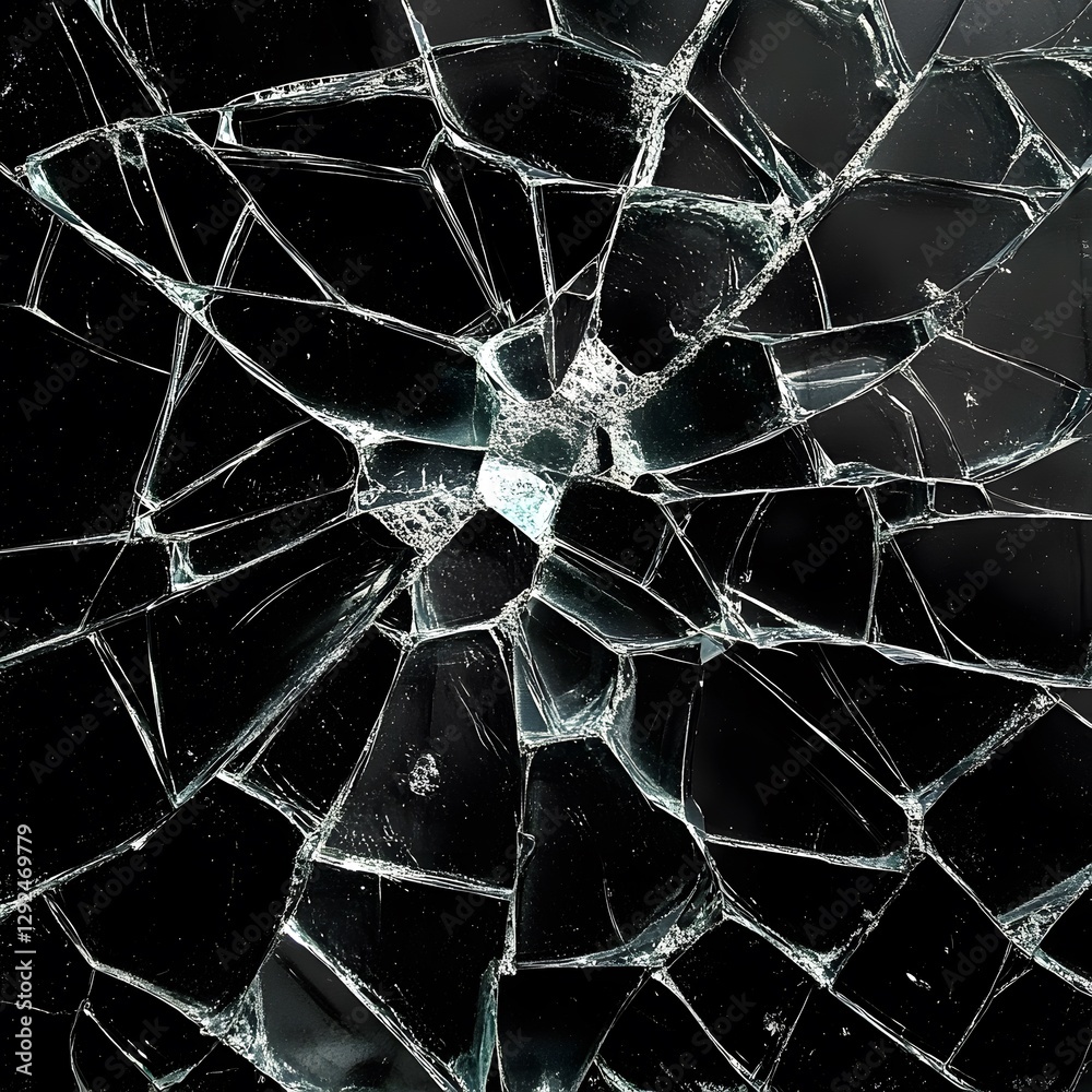 Broken glass overlay texture effect creating sharp shattered fragments with dramatic cracked ...