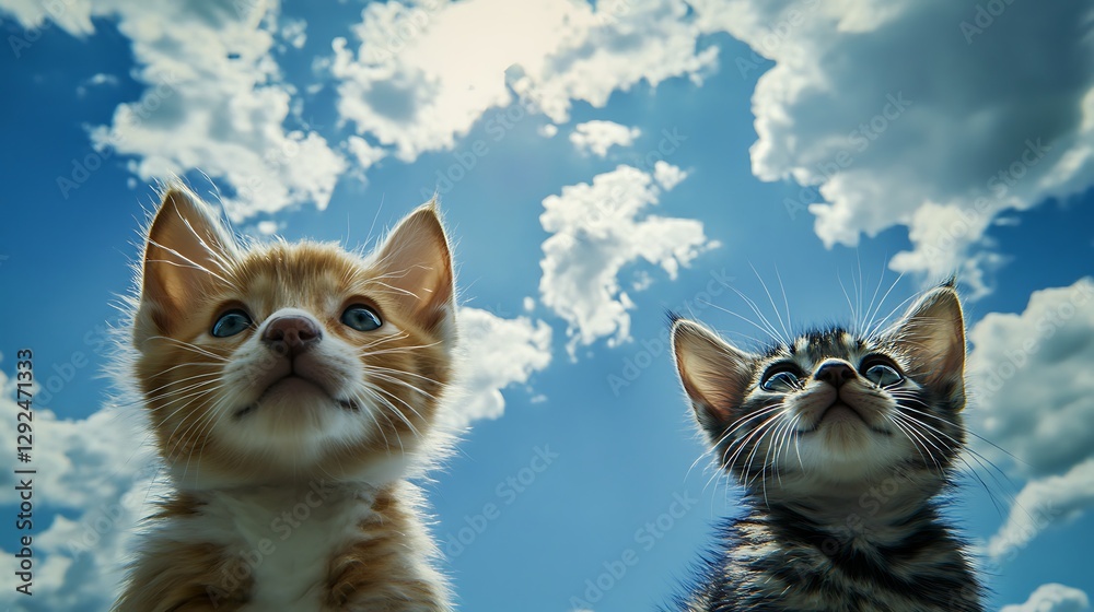 Two adorable kittens, one ginger and one tabby, looking up at a bright ...