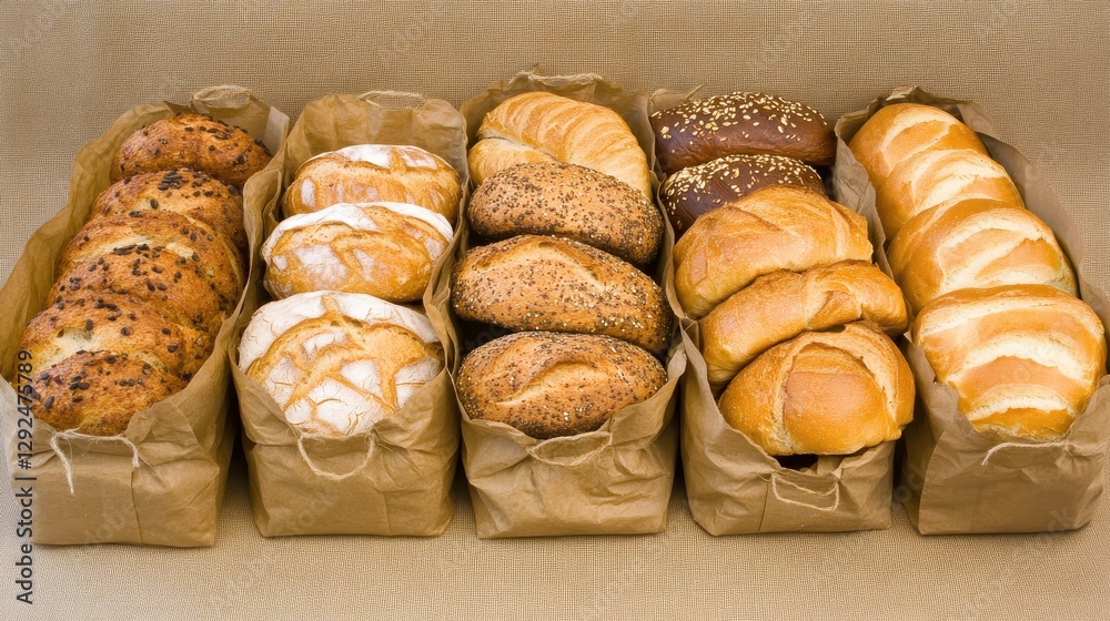 Freshly Baked Assorted Bread Rolls in Paper Bags Displayed on a Textile ...