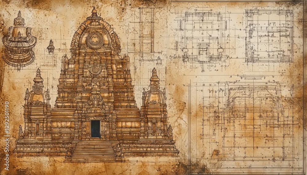 Detailed blueprint showcasing the construction plan of an ancient Hindu ...