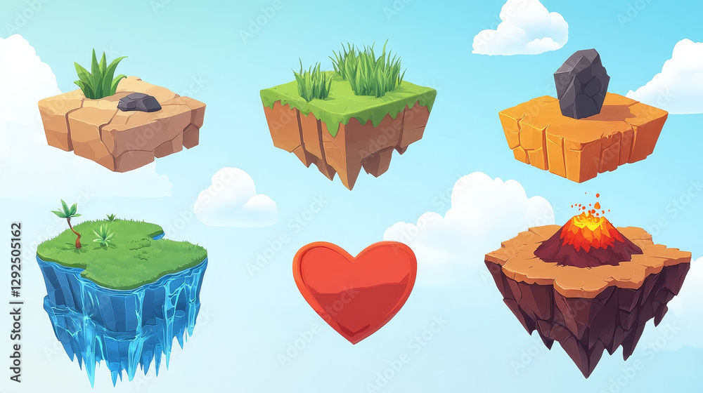 Game ui elements set with floating ground platform. Cartoon assets with ...