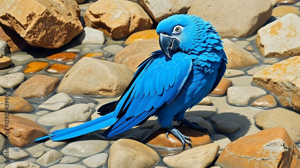 Loro Azul Pintado en Óleo con Textura en Fondo de Rocas y Agua ...