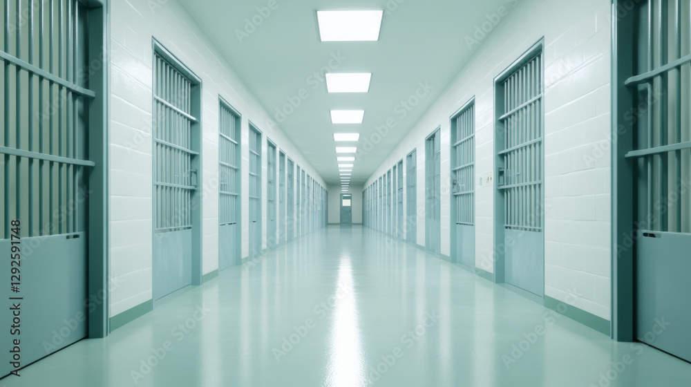 bright, clean prison corridor with multiple cell doors lining walls ...